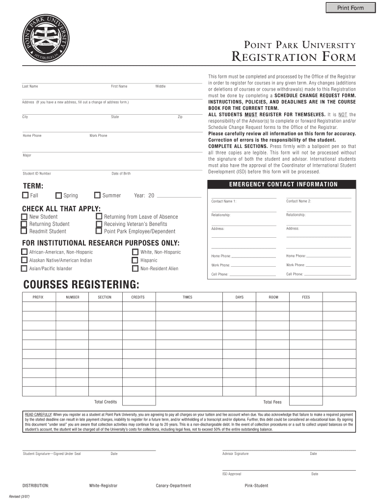 Fillable Online pointpark This form must be completed and processed by the Office of the ...