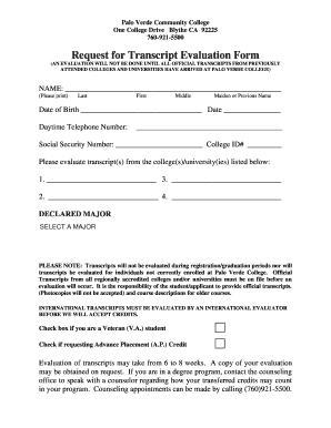Fillable Online paloverde Request for Transcript Evaluation Form - Palo Verde College Fax Email ...