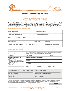 Fillable Online Student Transcript Request Form - Waterloo Catholic ...