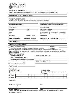Fillable Online Request for Transcript - The Michener Institute for ...