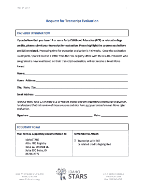 Fillable Online idahostars IdahoSTARS Request for Transcript Evaluation Form Fax Email Print ...