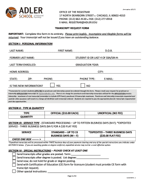 Fillable Online adler Office of the registrar 17 north dearborn street ...