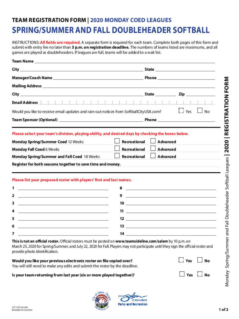 Fillable Online Coed Softball - Mondays - Registration Form. Softball Fax Email Print - pdfFiller