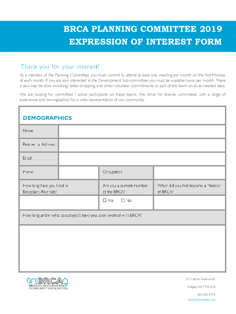 Fillable Online BRCA Planning Committee - Expression of Interst Form 2019. BRCA Planning Form ...