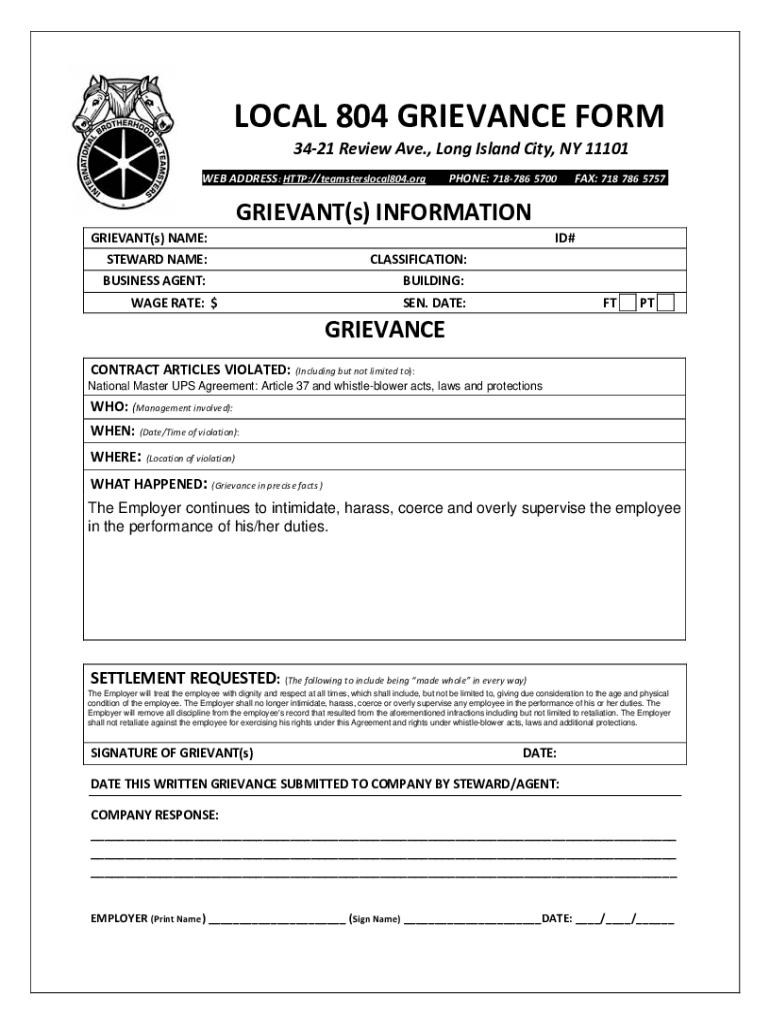 Fillable Online Grievance Form - Teamsters 804 - Teamsters Local 804 ...
