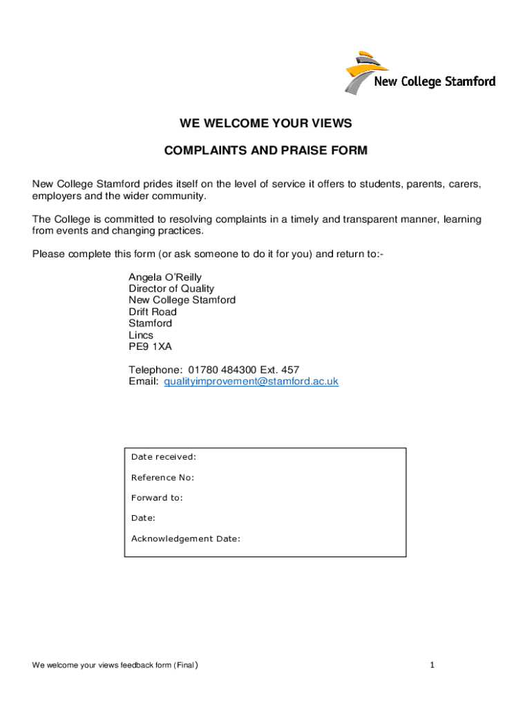 Fillable Online WE WELCOME YOUR VIEWS COMPLAINTS AND PRAISE FORM Fax ...