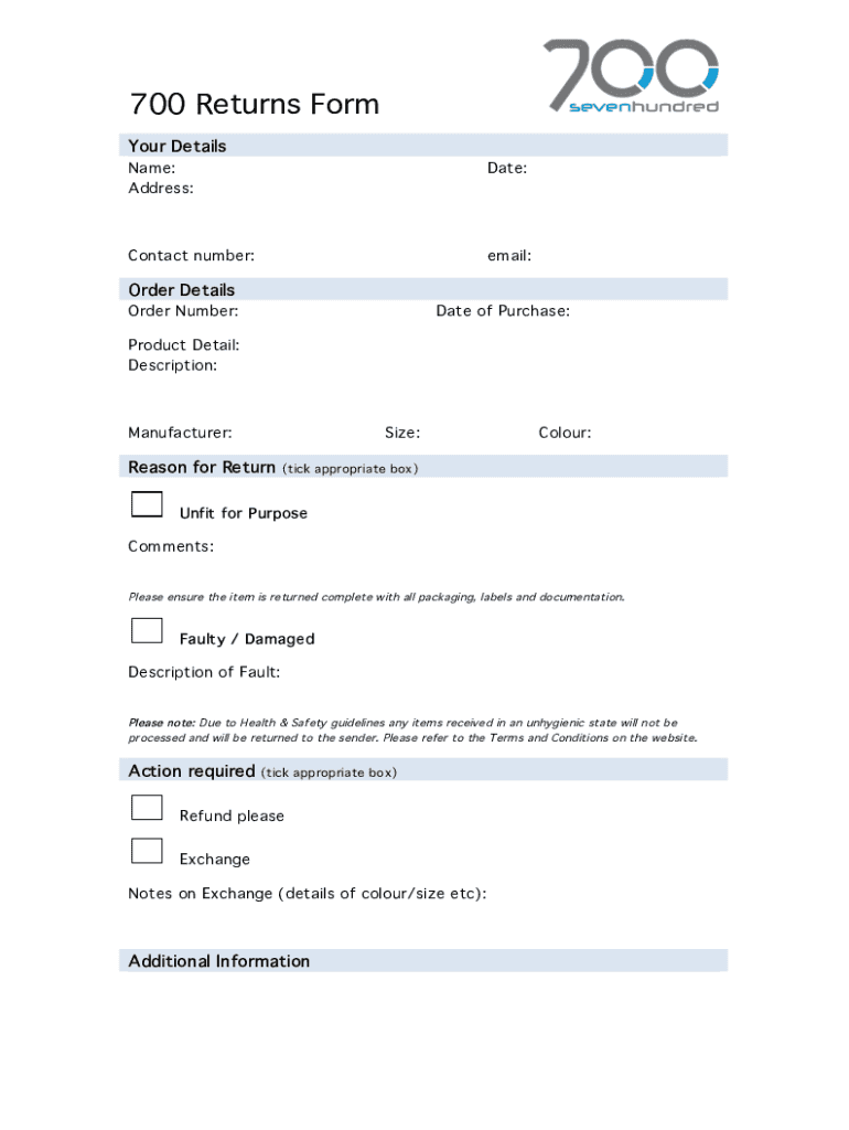 Fillable Online 700 Returns Form - 700Road Bike Shop Windsor Fax Email ...
