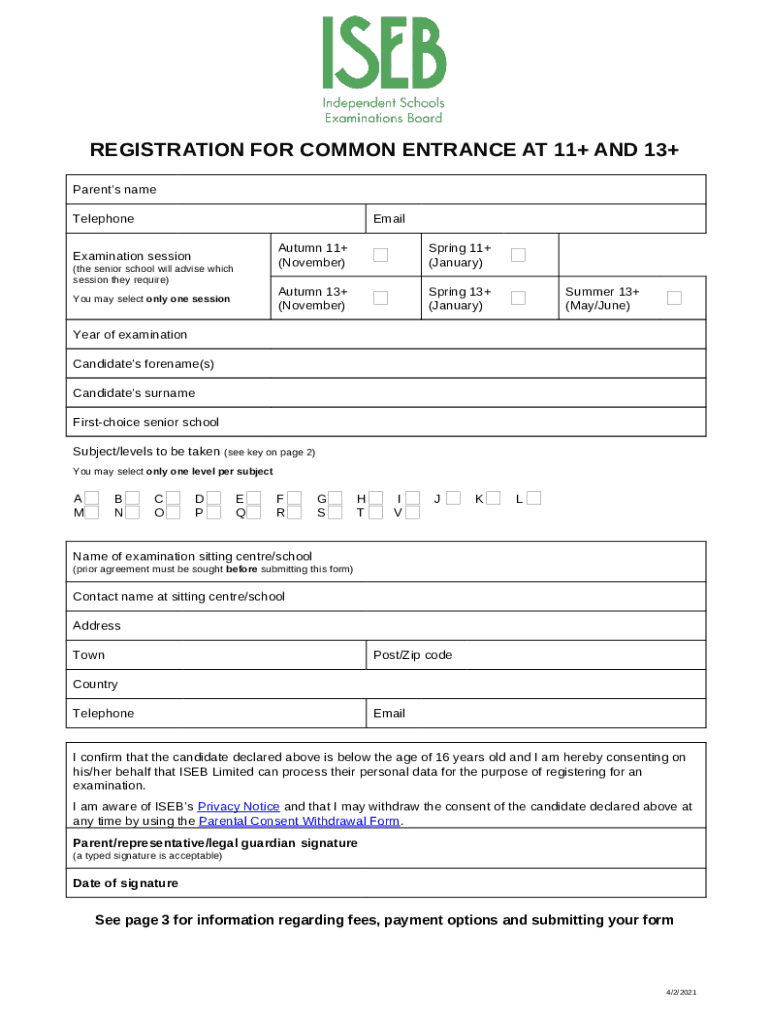 REGISTRATION FOR COMMON ENTRANCE AT 11+ AND 13+ - ISEB ... Doc Template ...