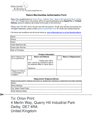 Fillable Online Return Merchandise Authorization Form - Miller & Carter ...