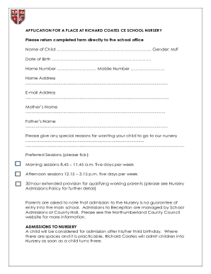 Fillable Online APPLICATION FOR A PLACE AT RICHARD COATES CE SCHOOL ...