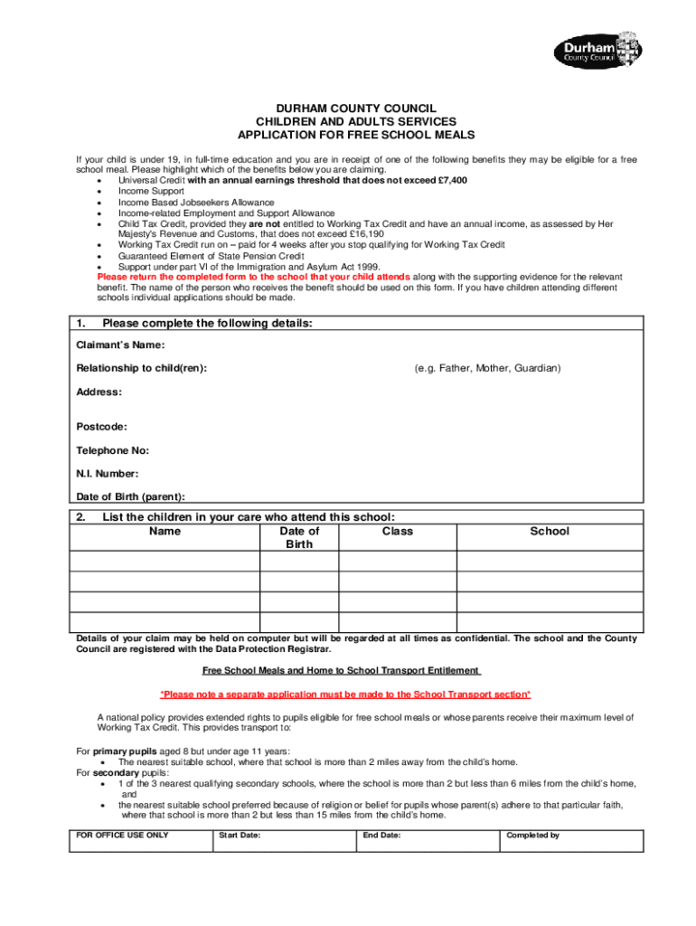 Fillable Online FORM FSM DURHAM COUNTY COUNCIL CHILDREN AND ADULTS ...