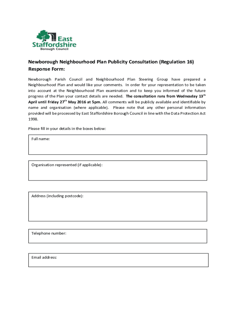 Fillable Online Newborough Neighbourhood Plan Publicity Consultation ...