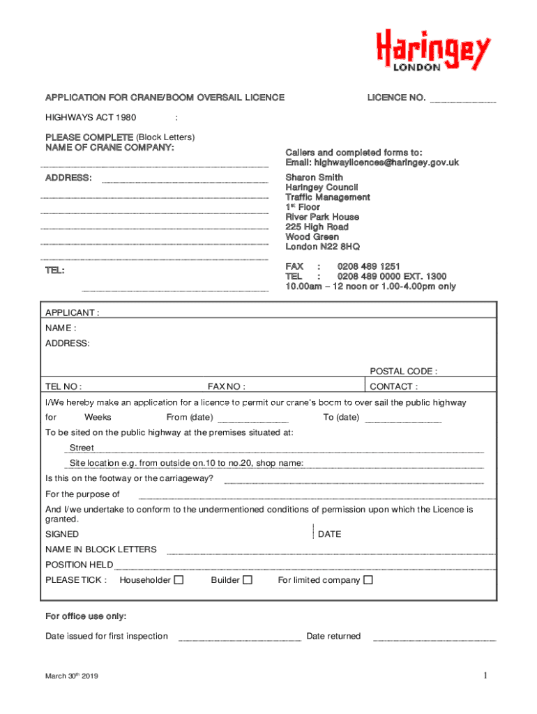 Fillable Online APPLICATION FOR CRANE/BOOM OVERSAIL LICENCE LICENCE NO ...