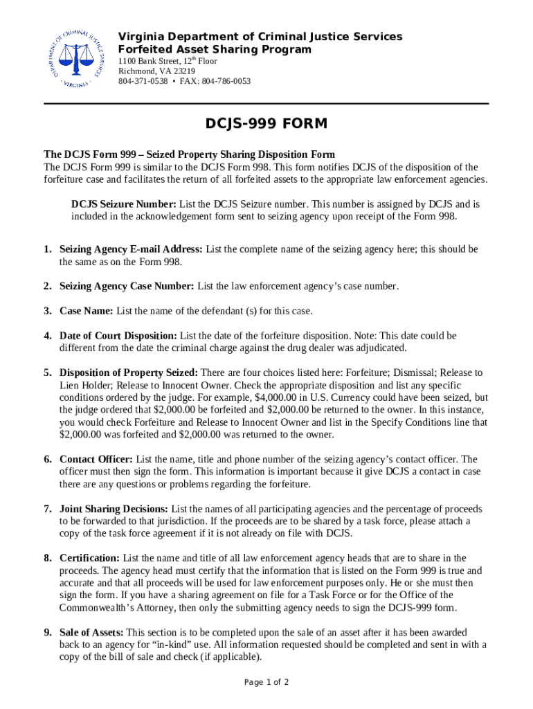The DCJS 999Seized Property Sharing Disposition Doc Template | pdfFiller