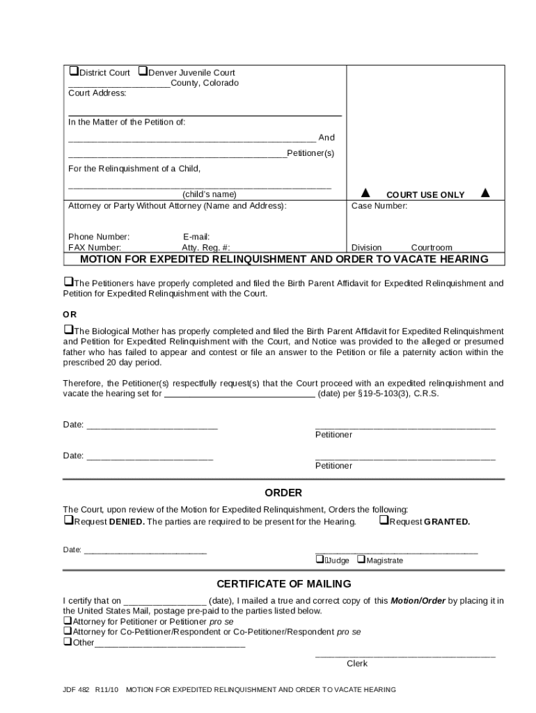 The Petitioners have properly completed and filed the Birth Parent Affidavit for Expedited ...