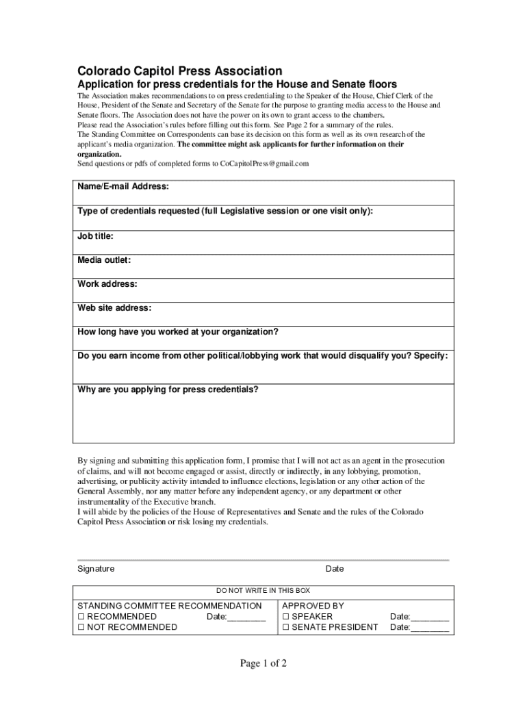 Fillable Online Application for press credentials for the House and ...