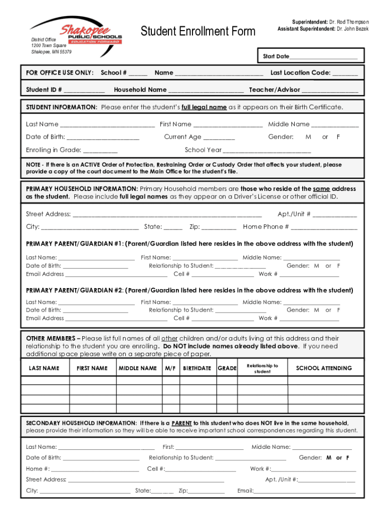 Fillable Online Superintendent: Dr. Rod Thompson Student Enrollment ...