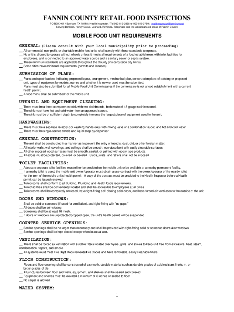 Fillable Online Fillable Online FANNIN COUNTY RETAIL FOOD INSPECTIONS ...