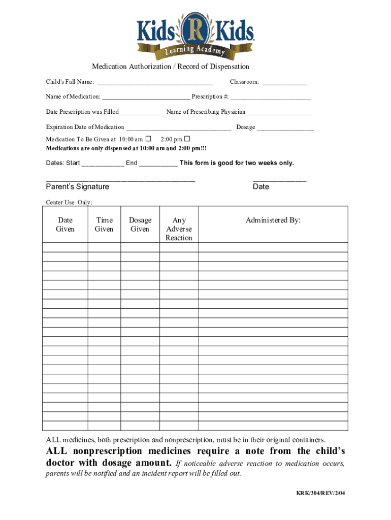 Fillable Online Medication Authorization / Record of Dispensation Fax Email Print - pdfFiller