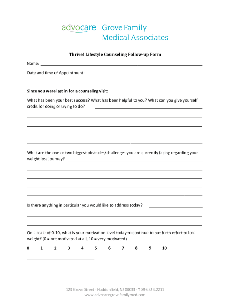 Fillable Online Thrive! Lifestyle Counseling Follow-up Form Fax Email ...