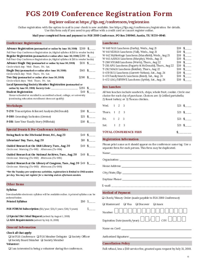 Fillable Online FGS 2019 Conference Registration Form Fax Email Print - pdfFiller