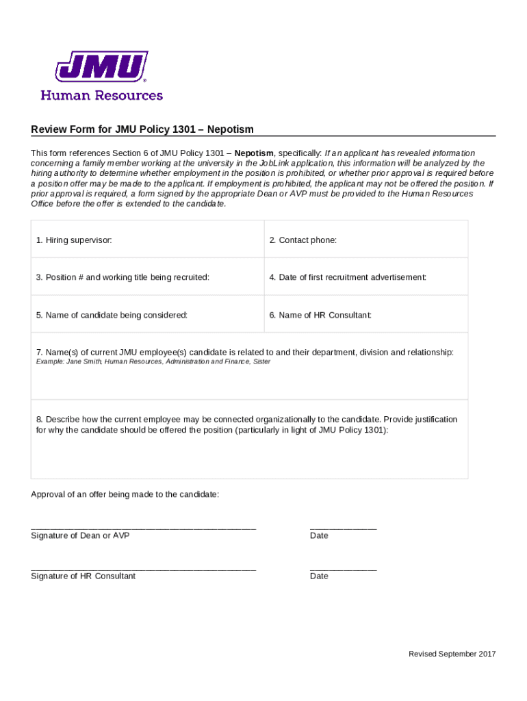 Review for JMU Policy 1301 Nepotism This ... Doc Template | pdfFiller