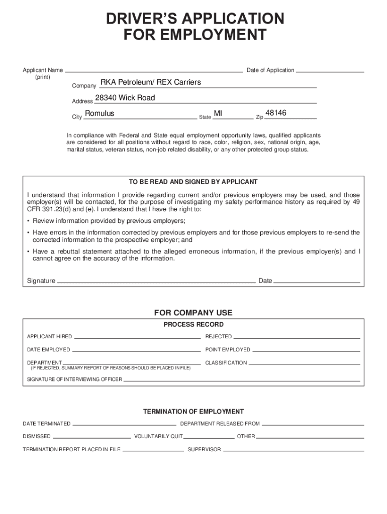 Fillable Online PDF DRIVER'S APPLICATION FOR EMPLOYMENT - RKA Petroleum Fax Email Print - pdfFiller