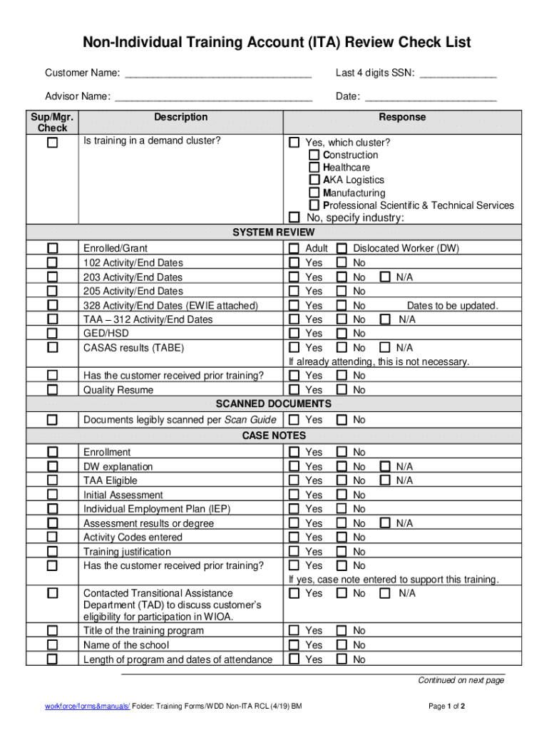 Fillable Online Non-Individual Training Account (ITA) Review Check List ...