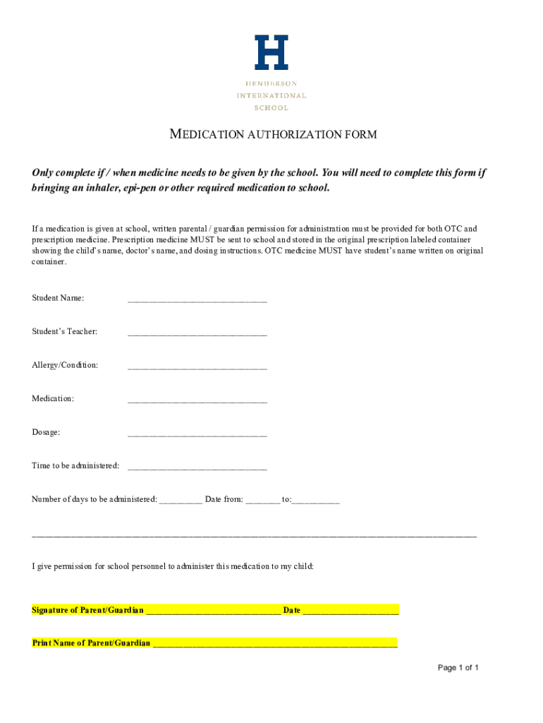 Fillable Online Authorization Form to Administer MedicationPrintable ...