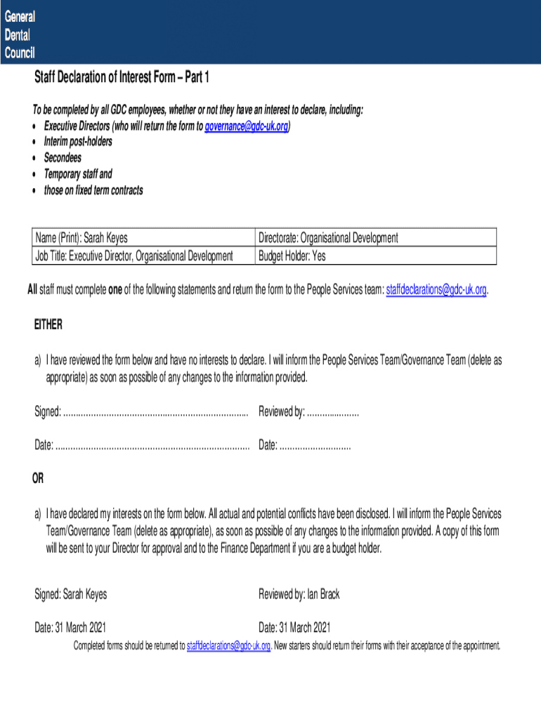 Fillable Online Staff Declaration of Interest Form Part 1 Fax Email ...