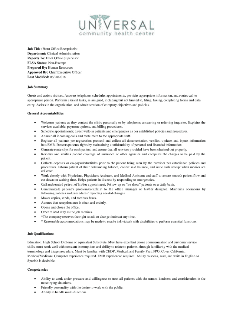 Fillable Online Job Title: Front Office Receptionist Fax Email Print ...