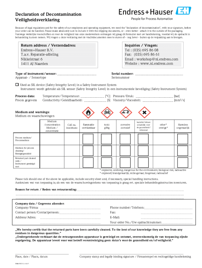 Fillable Online Declaration of Decontamination ... - Endress+Hauser Fax ...