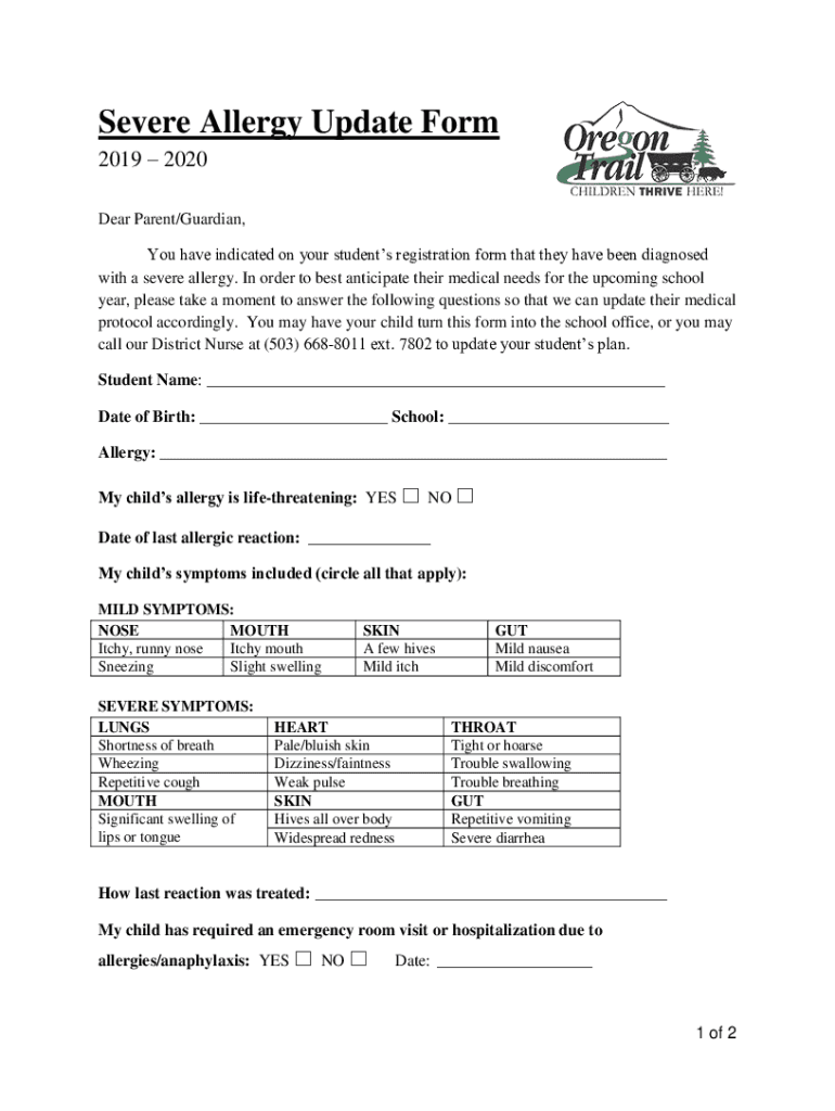 Fillable Online Severe Allergy Update Form Fax Email Print - pdfFiller