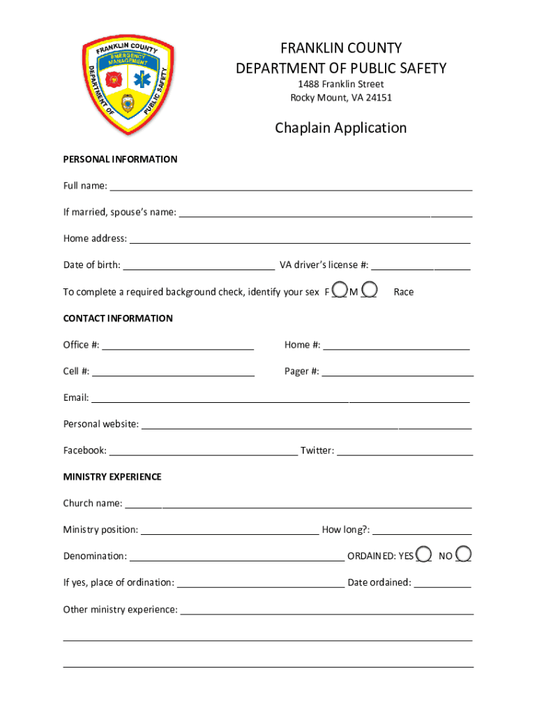 Fillable Online Chaplaincy Program Application (PDF) Fax Email Print ...