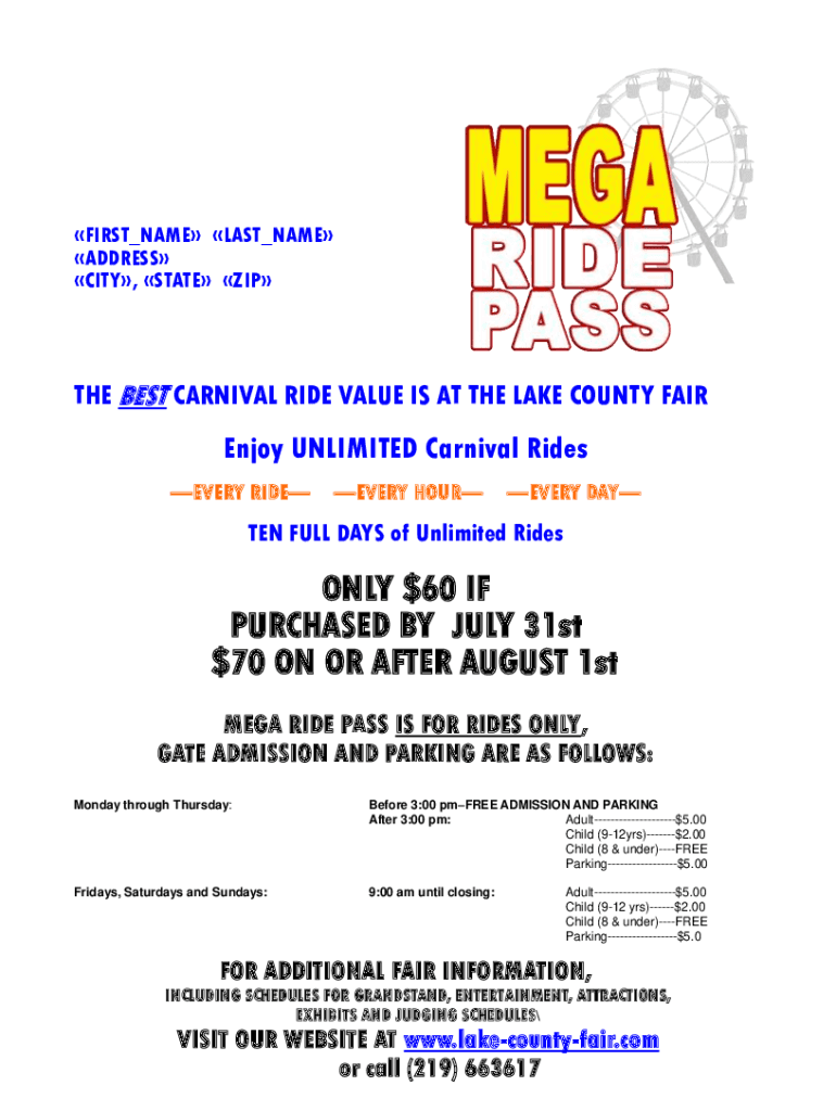 Fillable Online THE BEST CARNIVAL RIDE VALUE IS AT THE LAKE COUNTY FAIR ...