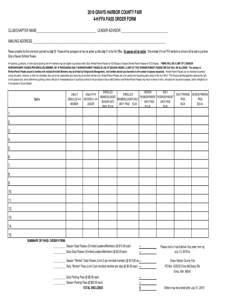 Fillable Online 4-H/FFA PASS ORDER FORM Fax Email Print - pdfFiller