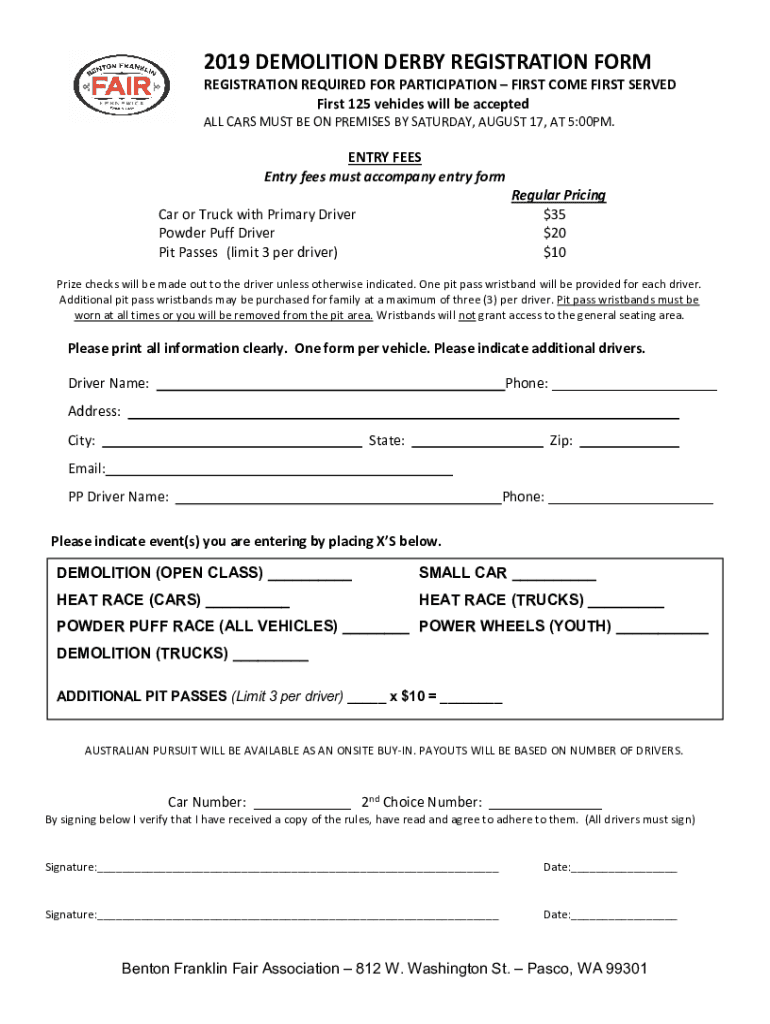 Fillable Online 2019 DEMOLITION DERBY REGISTRATION FORM Fax Email Print ...