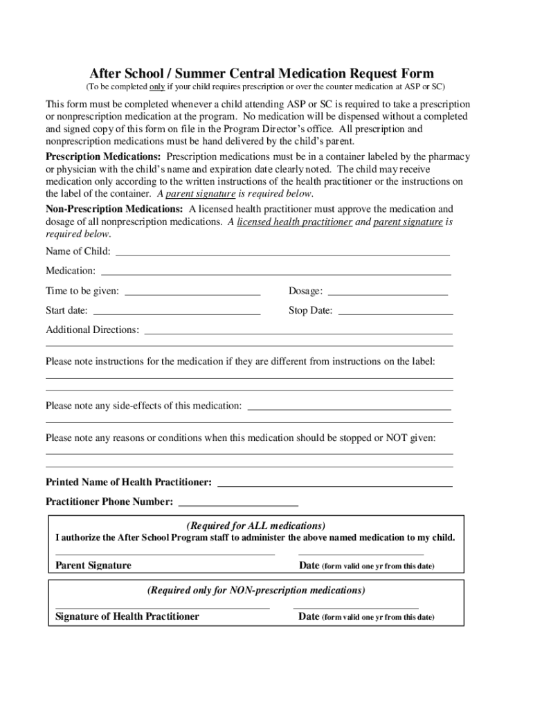 Fillable Online After School Program Medication Request Form Fax Email ...