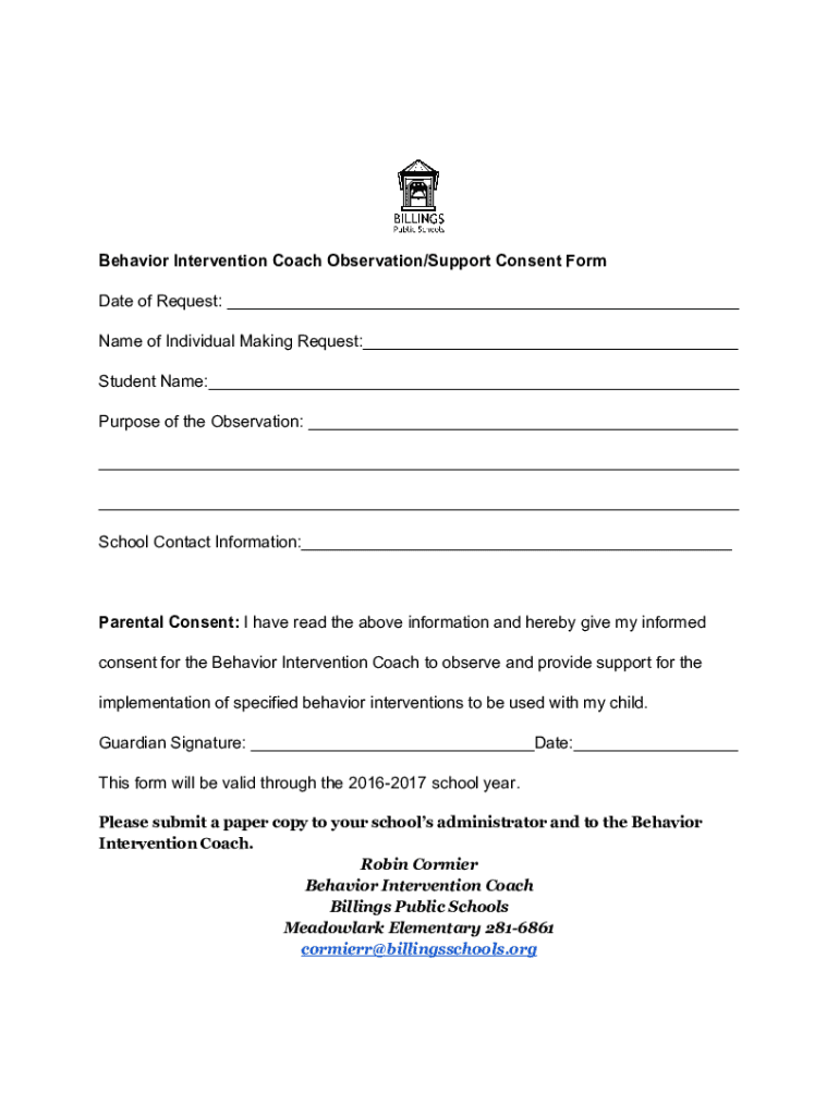 Fillable Online Behavior Intervention Coach Observation/Support Consent ...