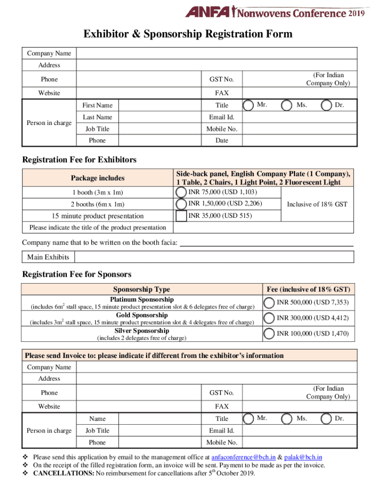 Fillable Online 19 ANFA Conf. Exhibitor & Sponsorship Registration Form ...