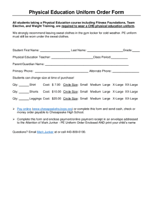 Fillable Online chesapeakehs bcps Pyschical Education Order Form ...