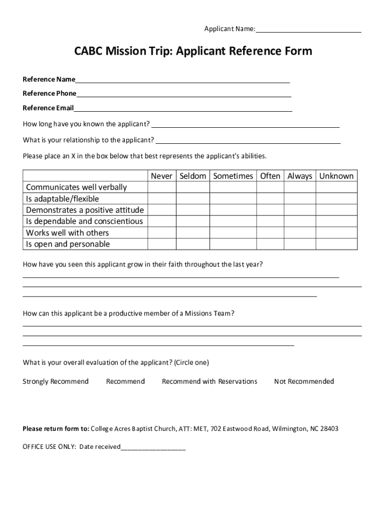 Fillable Online CABC Mission Trip: Applicant Reference Form Fax Email ...
