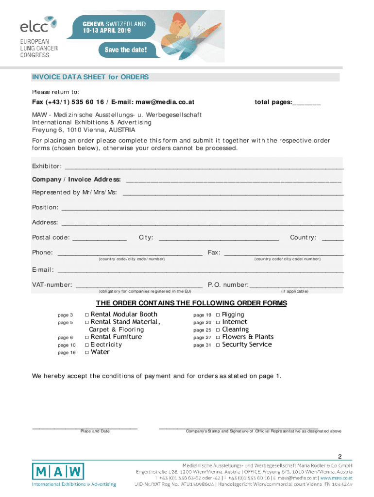Fillable Online ELCC 2019 Exhibitor Manual Order Forms. ESMO Fax Email ...