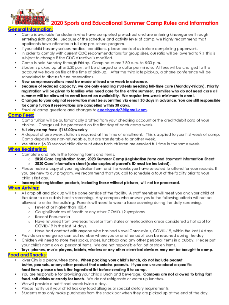 Fillable Online 2020 Sports and Educational Summer Camp Rules and ...
