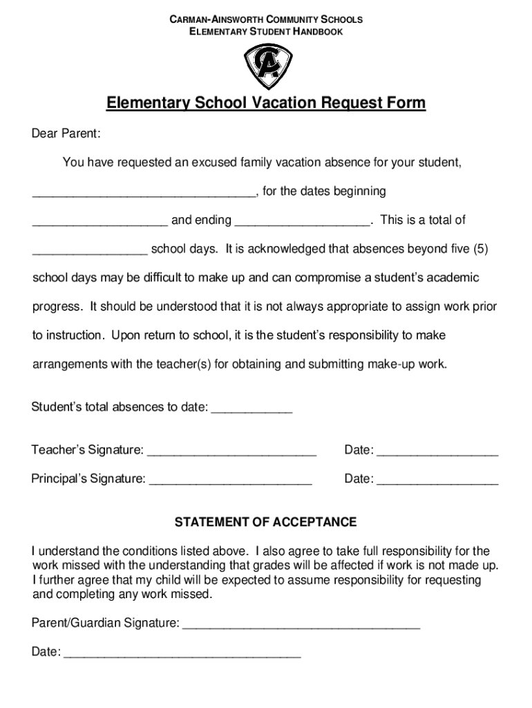 Elementary School Vacation Request Form - Fill and Sign Printable ...
