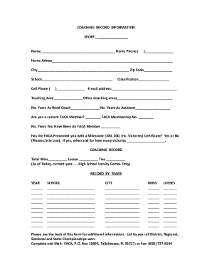 Fillable Online Coaching Record Form. Coaches win loss record Fax Email ...