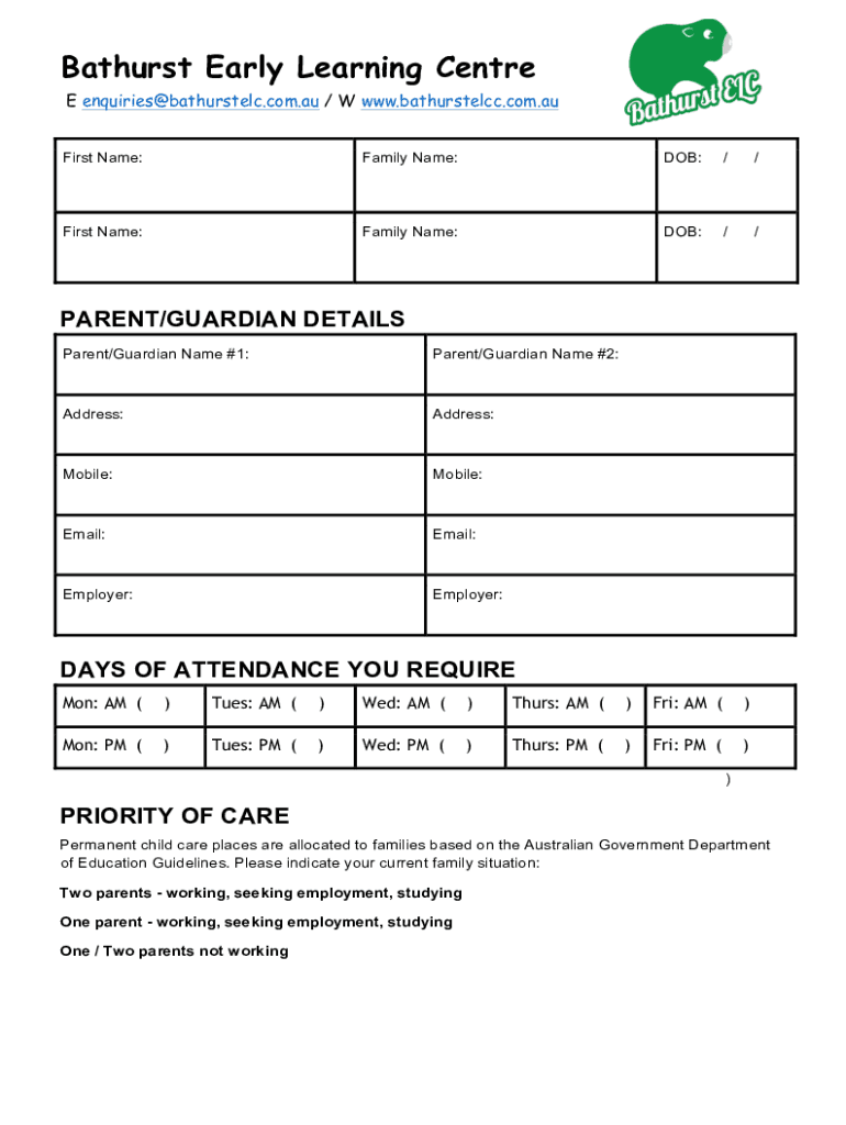 Fillable Online Bathurst Early Learning Centre - Bathurst ELC ...