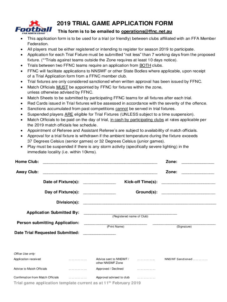 Fillable Online 2019 TRIAL GAME APPLICATION FORM Fax Email Print ...