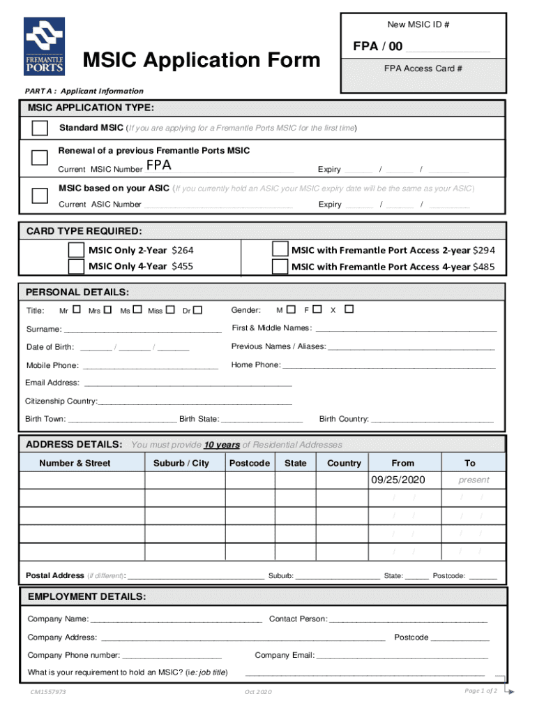 Fillable Online MSIC Number Fremantle Ports Access Application Form FPA ...