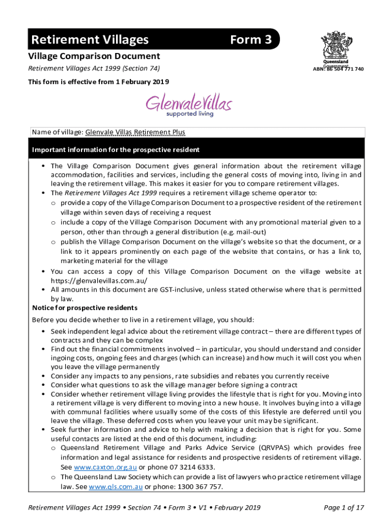 Fillable Online Retirement village form 3 - Village Comparison Document ...
